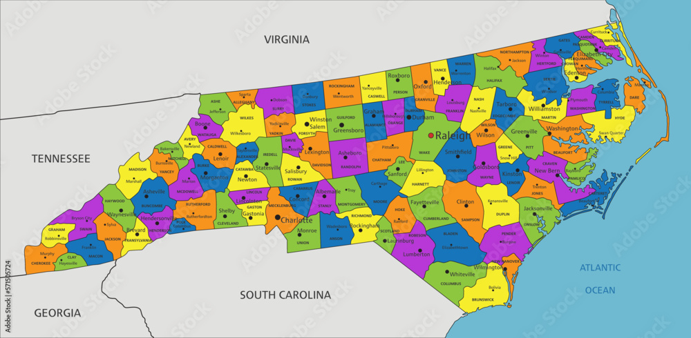 Colorful North Carolina political map with clearly labeled, separated ...