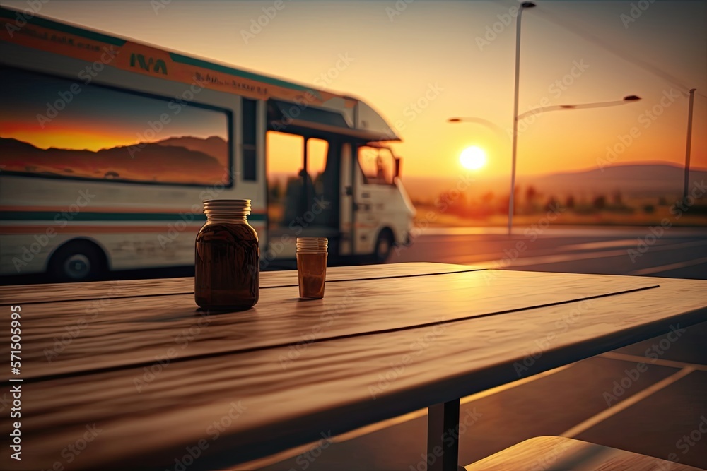Wood table in front view of the petrol station at sunset blur ...
