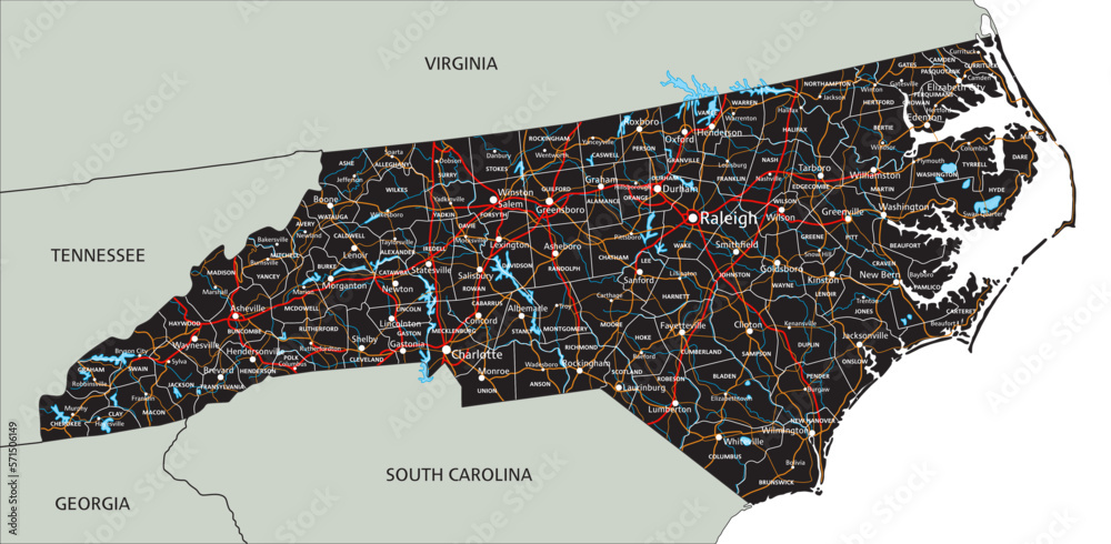 High detailed North Carolina road map with labeling. Stock Vector ...