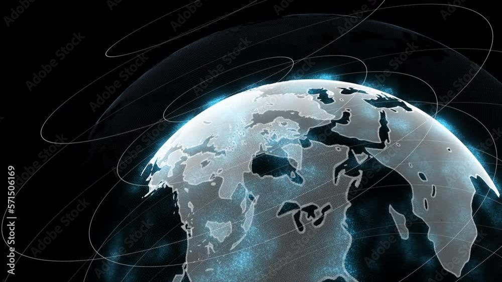 Rotating abstract planet Earth in space. Outlines of continents and ...