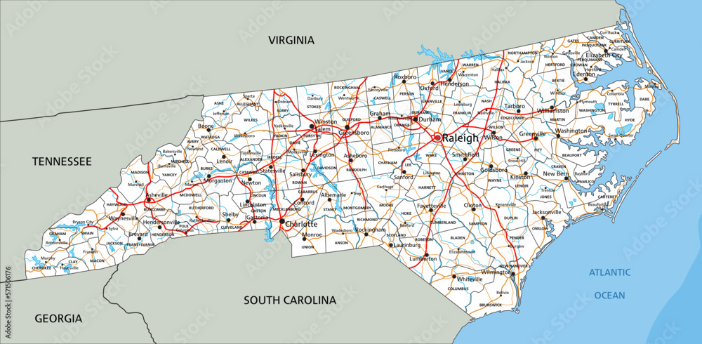 High detailed North Carolina road map with labeling. Stock Vector ...