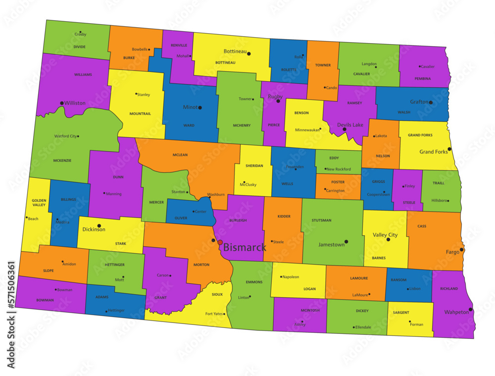 Colorful North Dakota political map with clearly labeled, separated ...