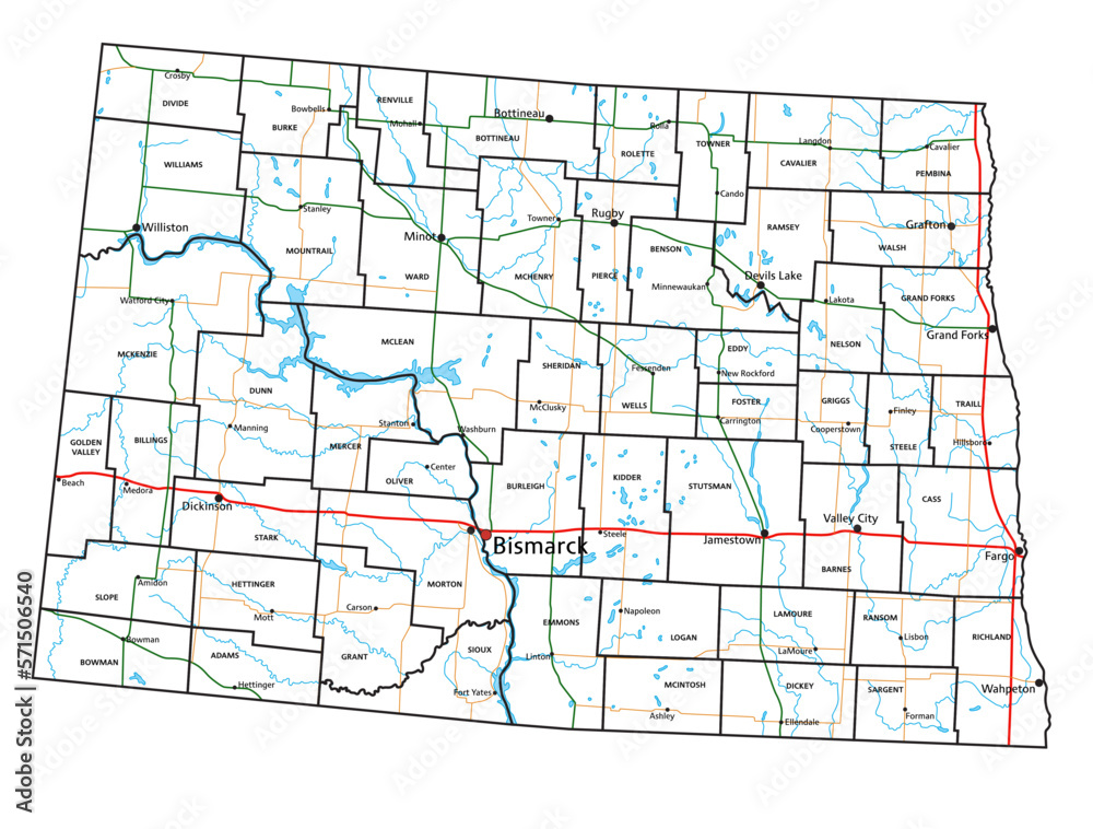 North Dakota road and highway map. Vector illustration. Stock Vector ...