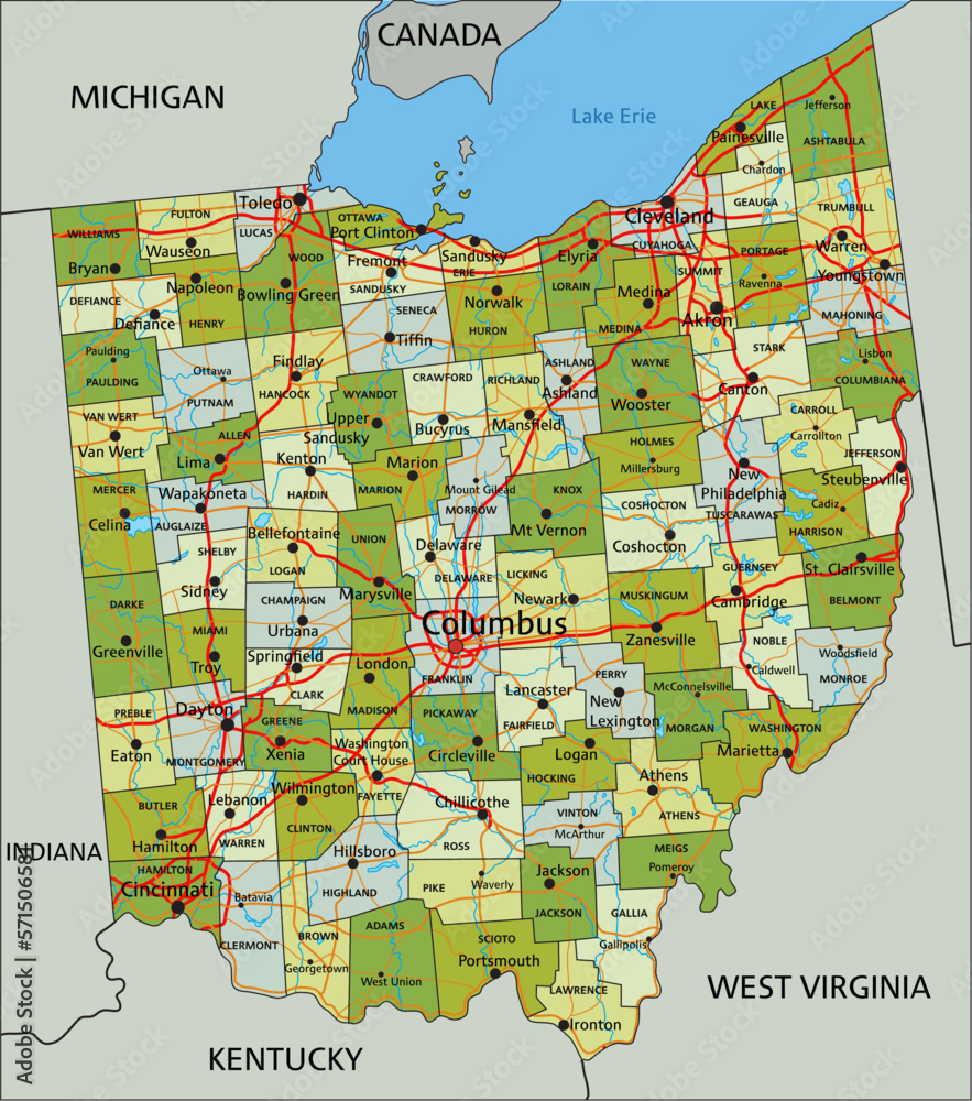 Highly detailed editable political map with separated layers. Ohio ...