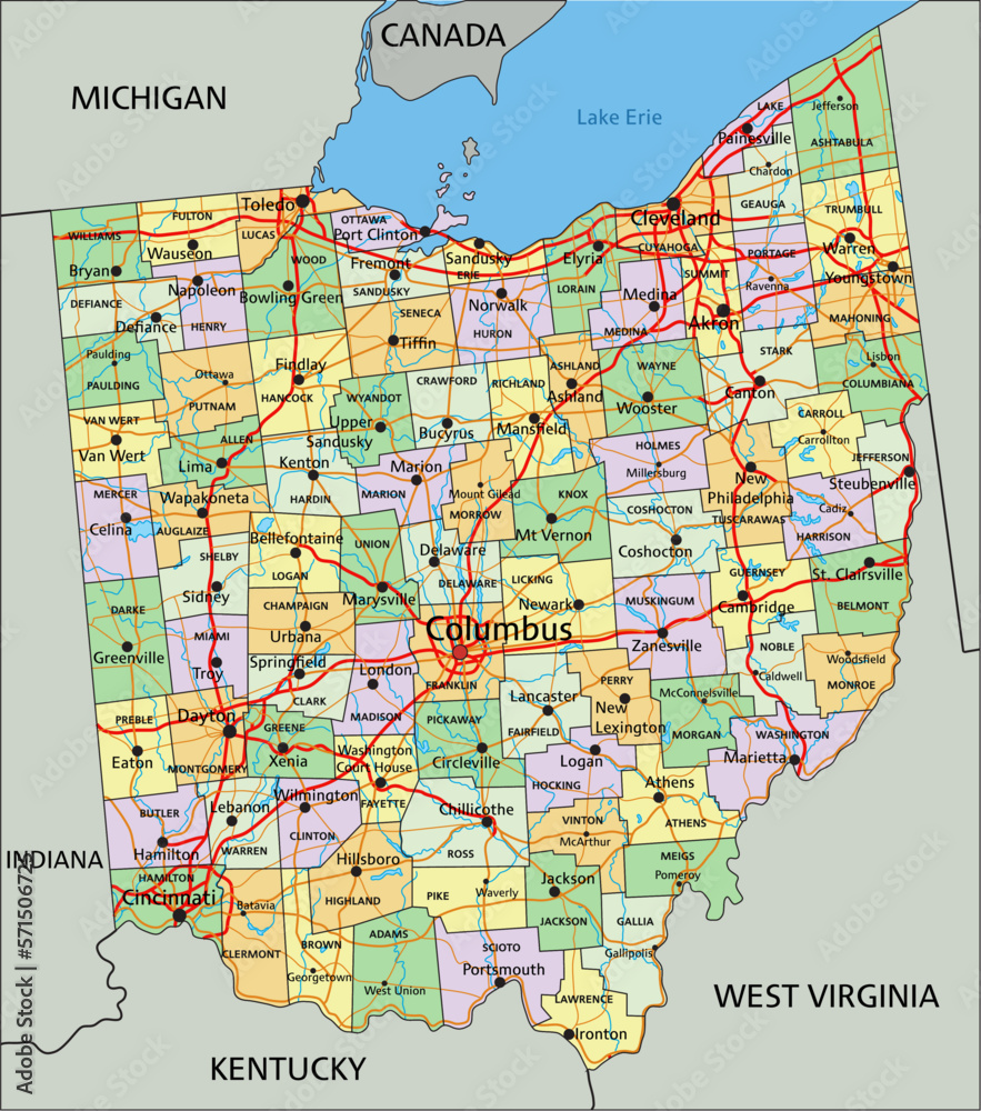 Ohio - Highly detailed editable political map with labeling. Stock ...