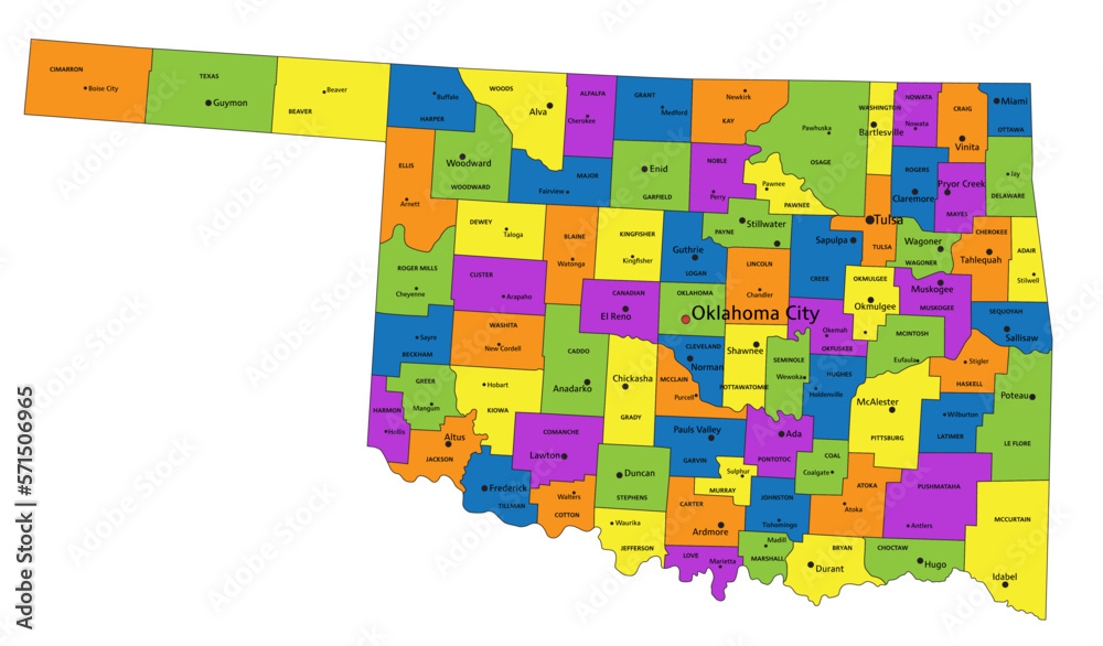 Colorful Oklahoma political map with clearly labeled, separated layers ...