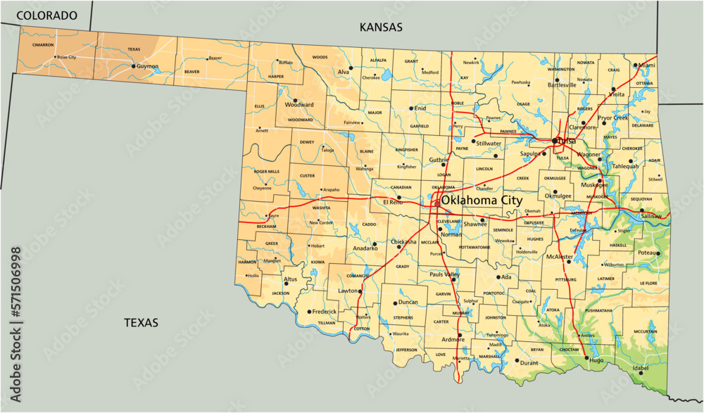 High detailed Oklahoma physical map with labeling. Stock Vector | Adobe ...