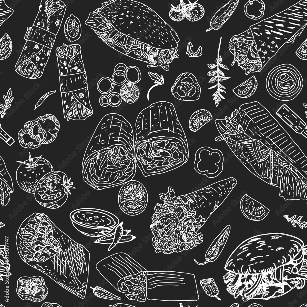 Shawarma Kebab pattern fast food. Seamless pattern. Concept of doner ...