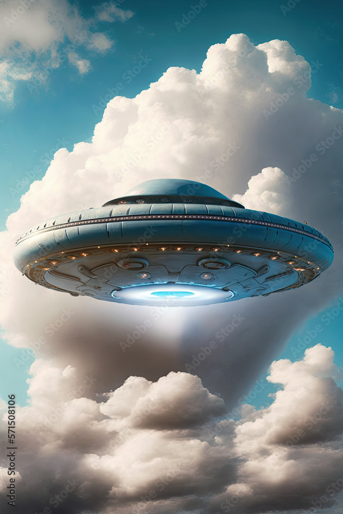 flying saucer shaped ufo, in the blue sky with clouds, Generative ai ...