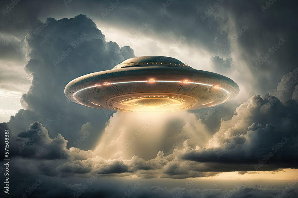 flying saucer shaped ufo, in the blue sky with clouds, Generative ai ... flying saucer shaped ufo, in the blue sky with clouds, Generative ai ...