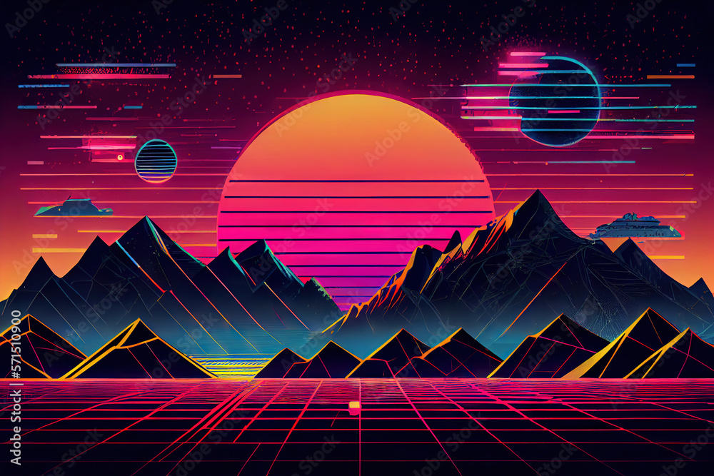 Retro background futuristic landscape 1980s style. Digital retro ...