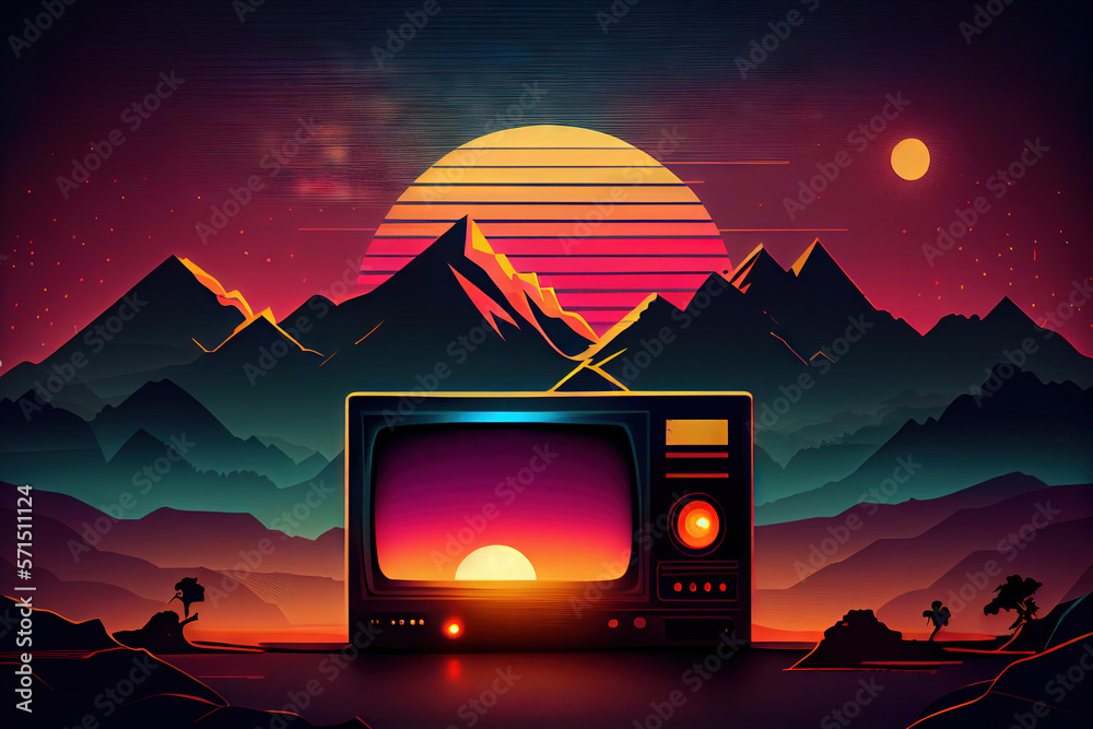 80s Retro background with TV. Palms, sun and mountains. Tv glitch ...