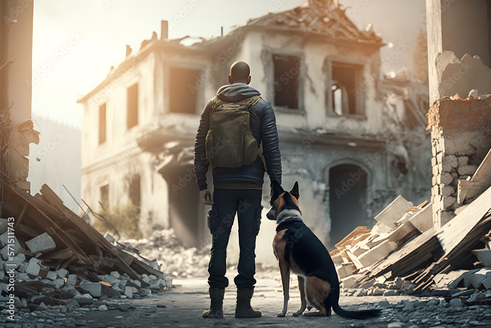 Man with pet dog background Rubble destruction of houses from air ...