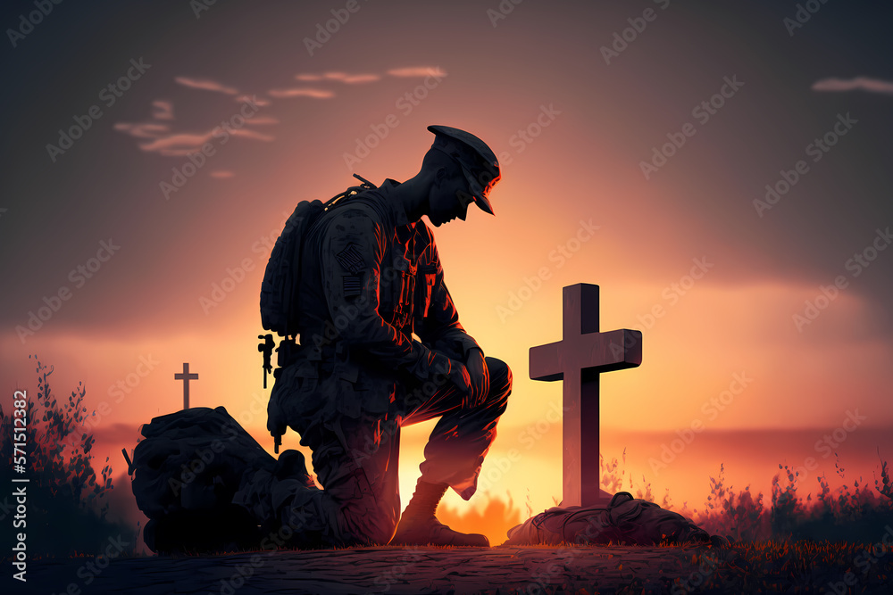 Military man kneeling of grave fallen soldier, sunset. Concept veteran of war. Generation AI ...