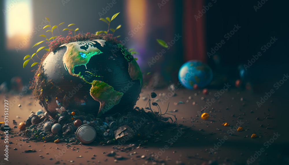 Eco environmental problem, planet in trash human waste, blur background ...