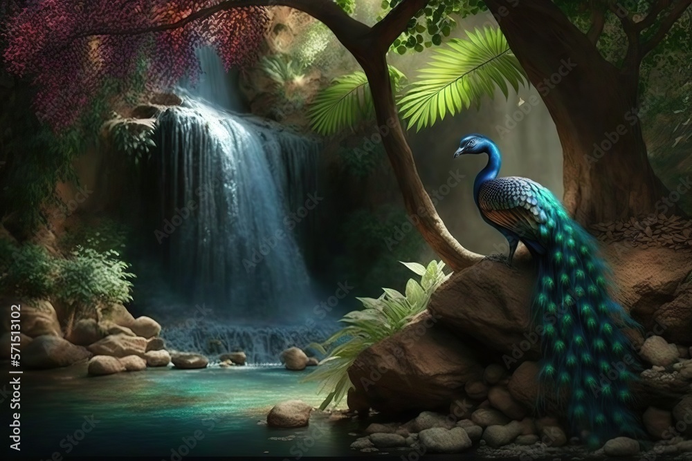 Beautiful Nature Lovely Place, Tree Park, Waterfall, Peacock bird on ...