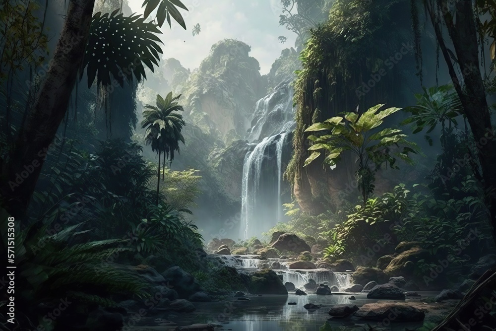 Nature lovely place waterfall in the jungle. Tropical leaves and trees ...