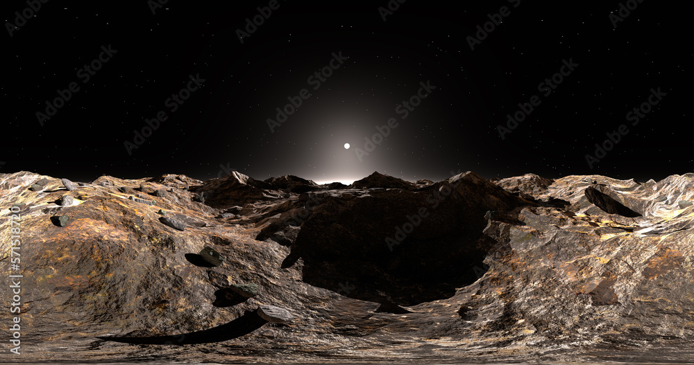 Lunar mountain landscape against the backdrop of the sun. 360 degrees ...