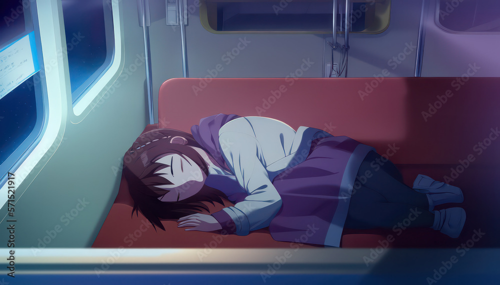Manga illustration of sleeping on the train at night time. Night train ...