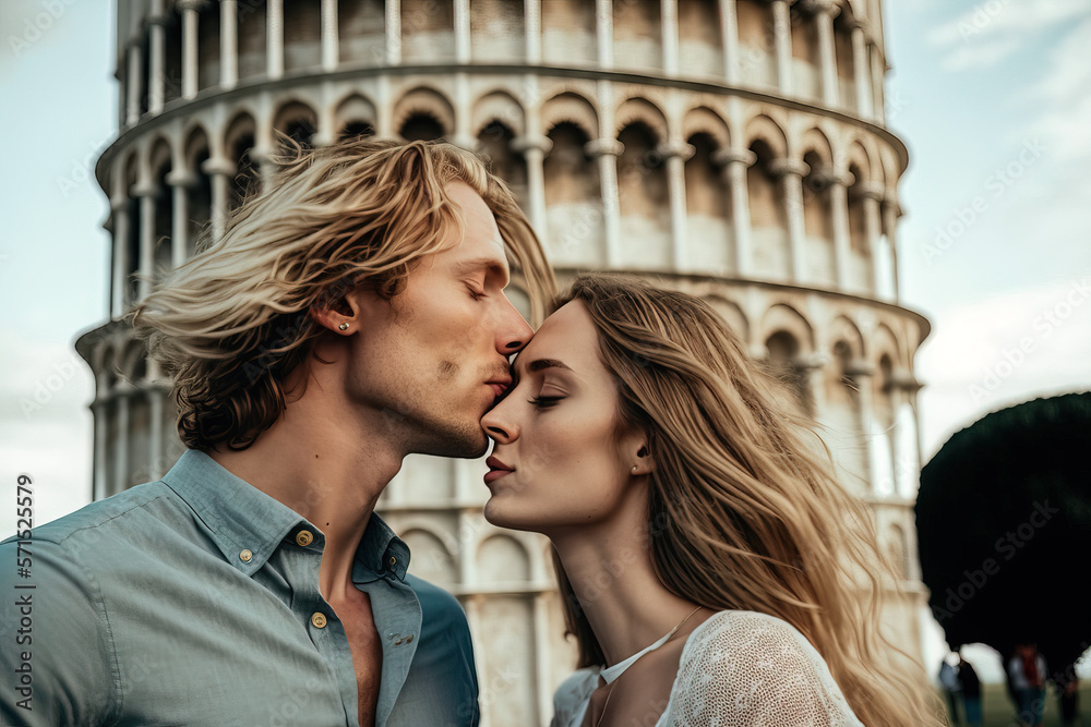 A couple kisses passionately near the iconic tower in Pisa, Italy ...
