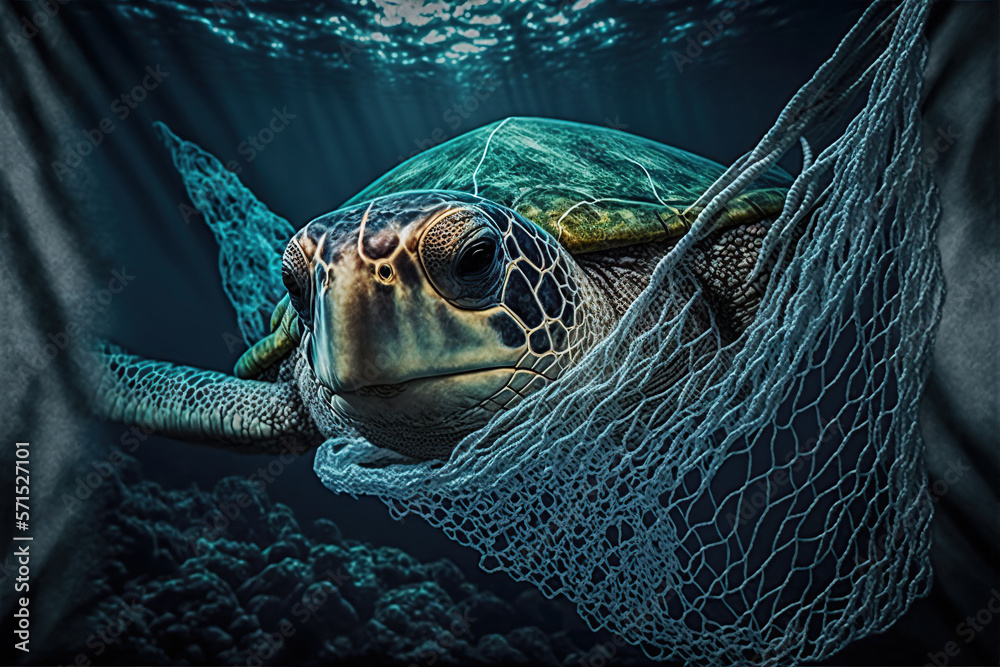 Sea Turtle entangled in a fishing net. Generative AI illustration ...