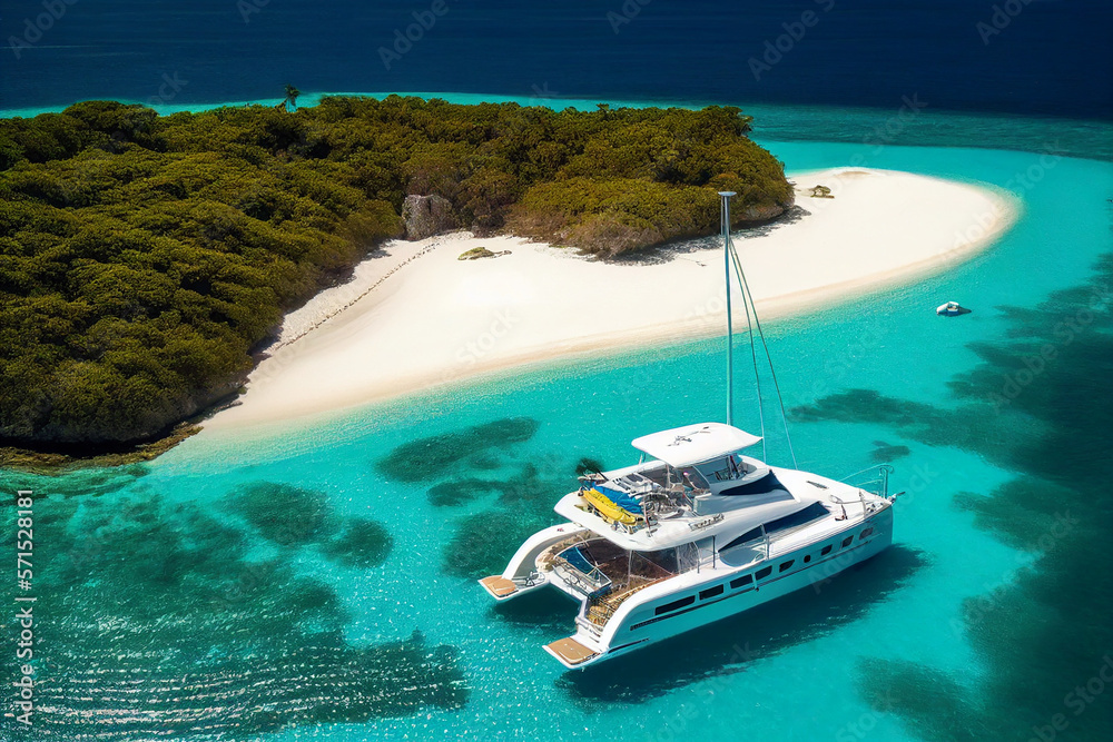 Aerial view of luxury catamaran and tropical beach paradise created ...