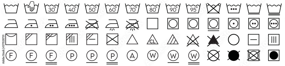 Washing symbols set. Laundry care label icons collection. Vector ...
