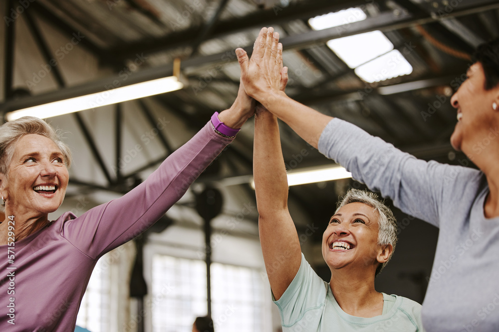 Teamwork, fitness and high five of senior women in gym celebrating ...