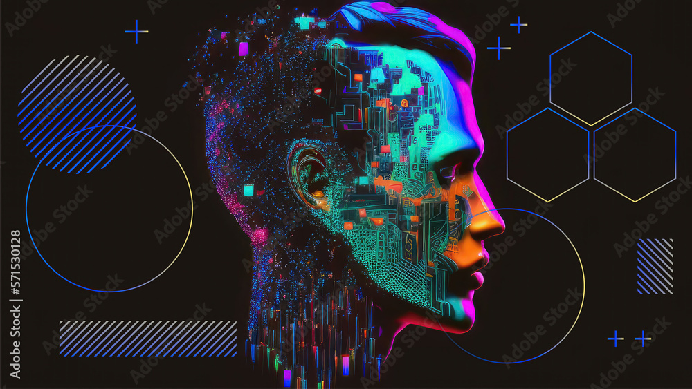 Artificial Intelligence and Virtual Reality concept. 3D human head made ...