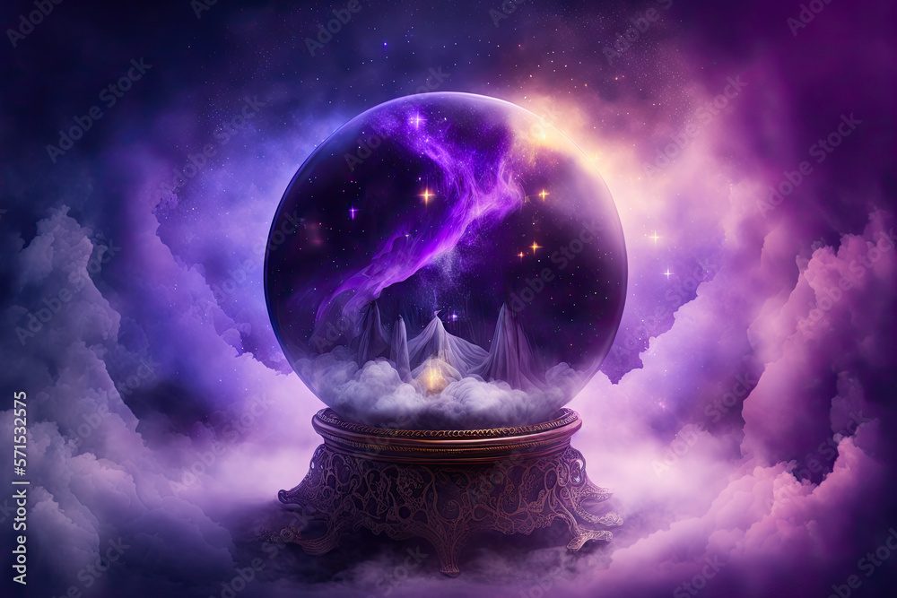 Magic crystal ball for future prediction on beautiful galaxy background in purple colors ...