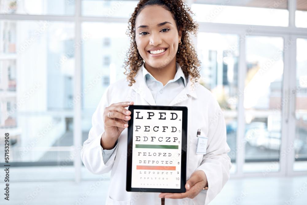 Portrait, eye chart and doctor with tablet in hospital for vision ...