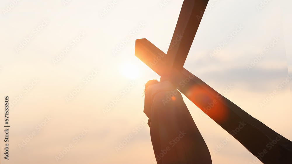 Golgotha hill Red sky and bright light Jesus carrying the cross of ...