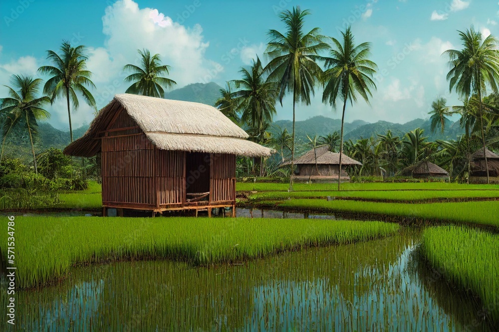 A traditional homemade thatched house and shed on the edge of a rice ...