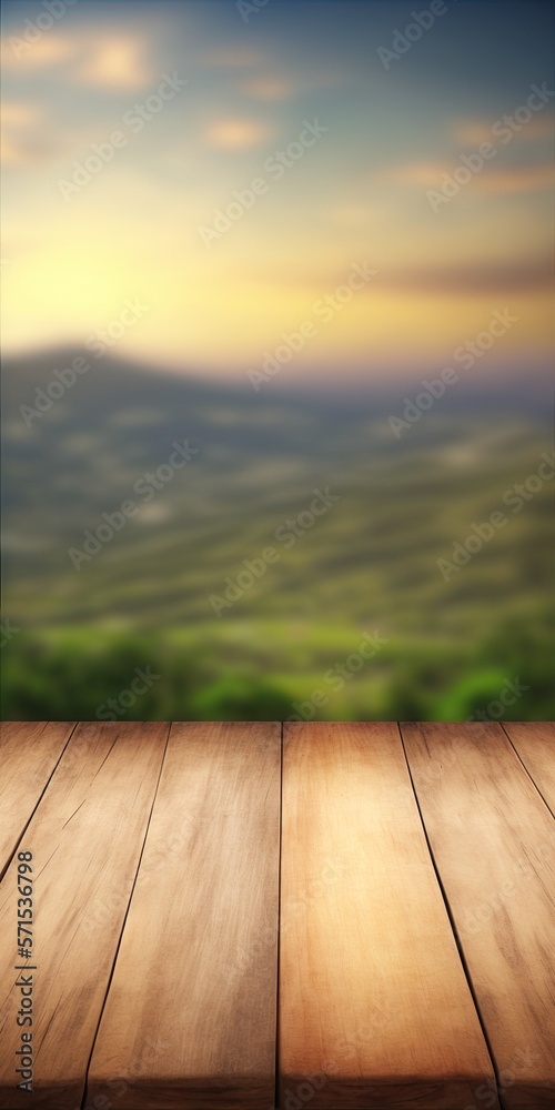 Wooden table top on blur mountain and grass field background in morning ...