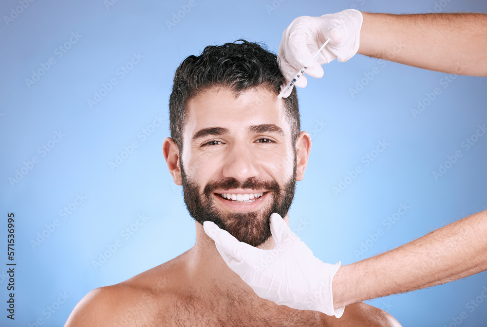 Injection, man and portrait for skincare, collagen wellness and beauty ...