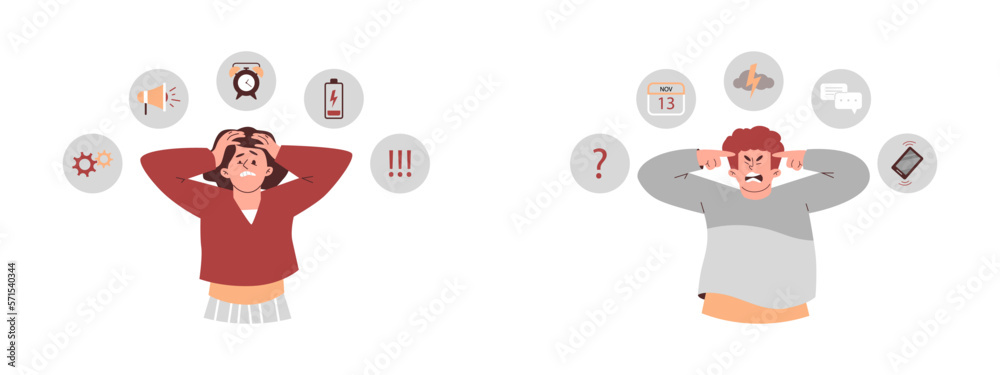 Set of stressed out people overwhelmed with everyday life - flat vector ...