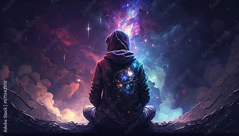 meditation young man spirit silhouette on galaxy space background, new ...