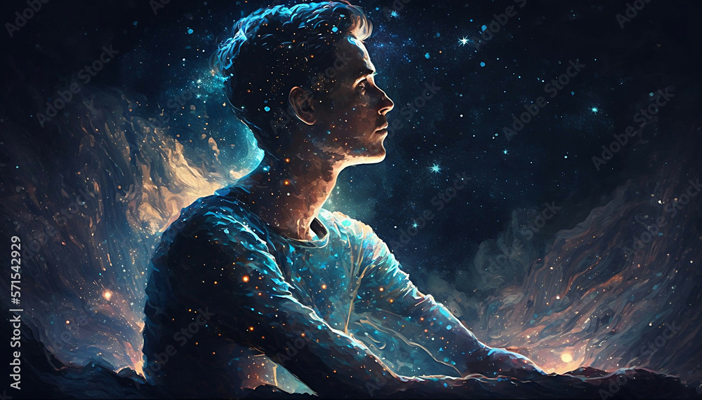 meditation young man spirit silhouette on galaxy space background, new ...