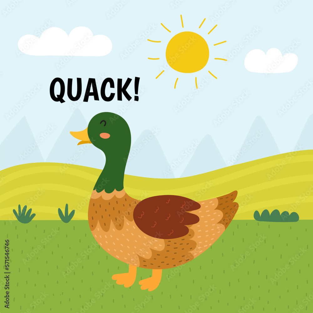 Duck saying quack print. Cute farm character on a green pasture making ...