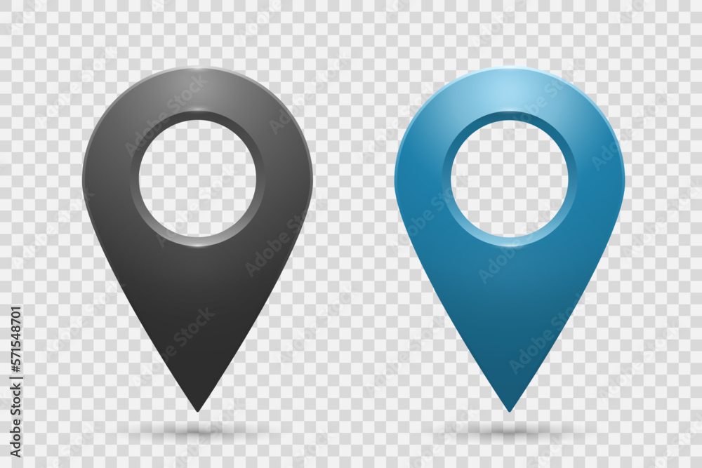 Vetor de Realistic geolocation icons in blue and black on a transparent ...