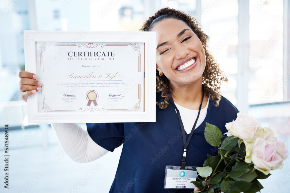 Certificate, flowers and portrait with a black woman graduate or nurse ...