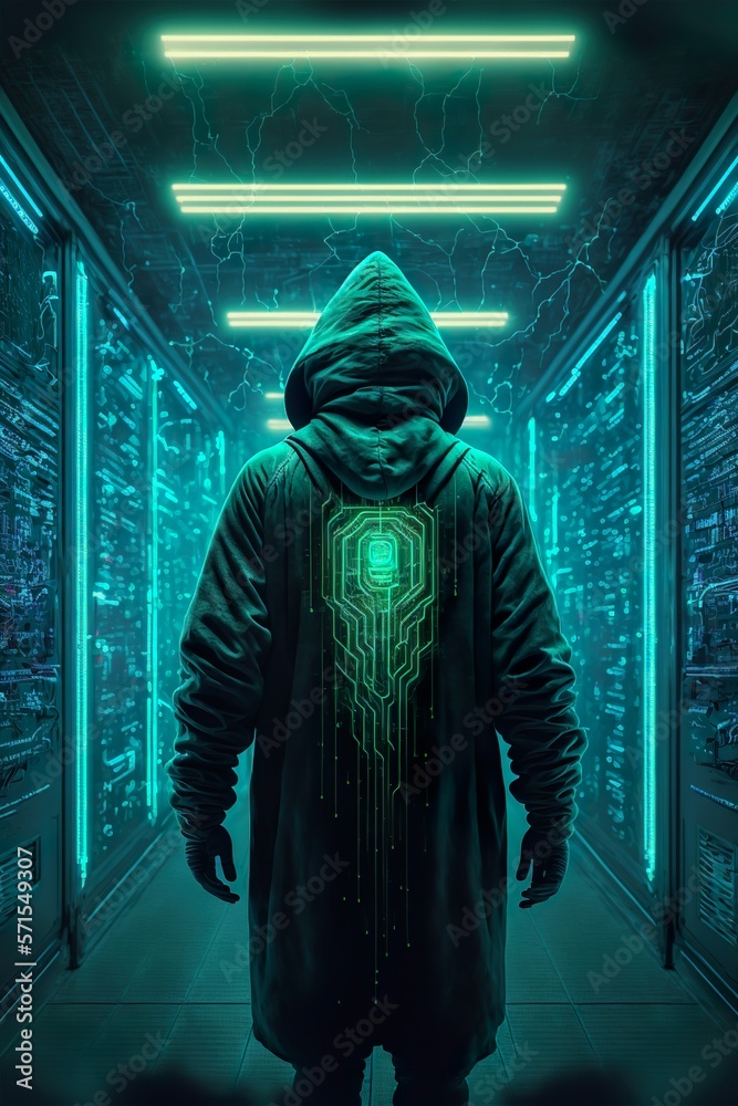Hooded Hacker Entering The Server Room Trying To Commit A Digital Cybercrime Stock