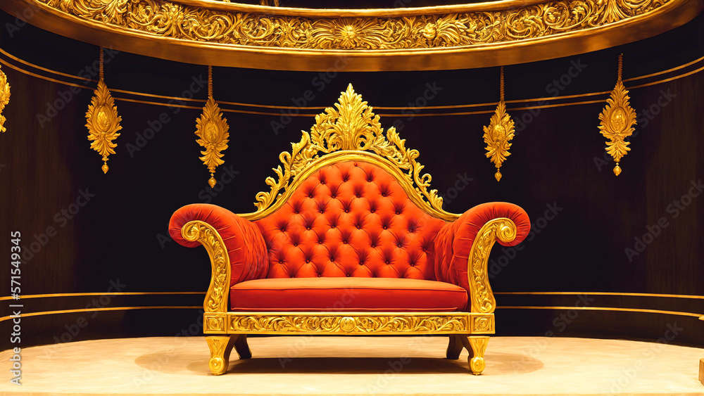front view of empty royal throne chair made of gold and red material ...