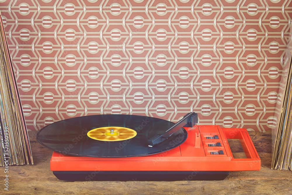 Retro styled image of a vintage record player with record albums in ...