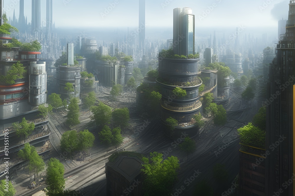 Futuristic city with a overgrown buildings, life after people. Post ...