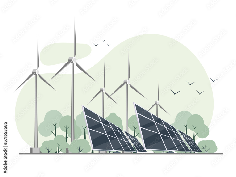 Wind and solar generation. Solar panels and wind turbines on nature ...
