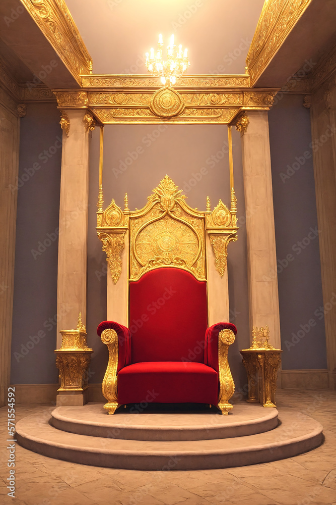 front view of empty royal throne chair made of gold and red material in ...