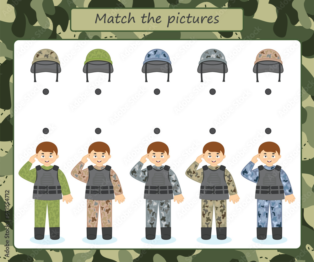 Game for kids. Profession card. Set of people in different military ...