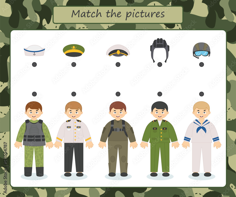 Game for kids. Profession card. Set of people in different military ...