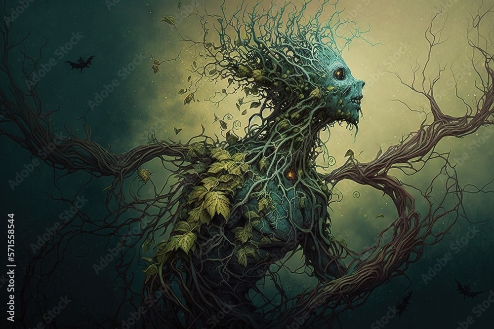 Fantasy plant like creature with a complex network of vines and ...